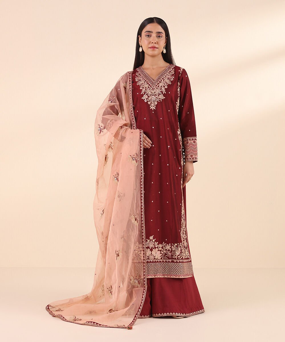 Sapphire Stitched 3 Piece Embroidered Cotton Net Suit – Salai